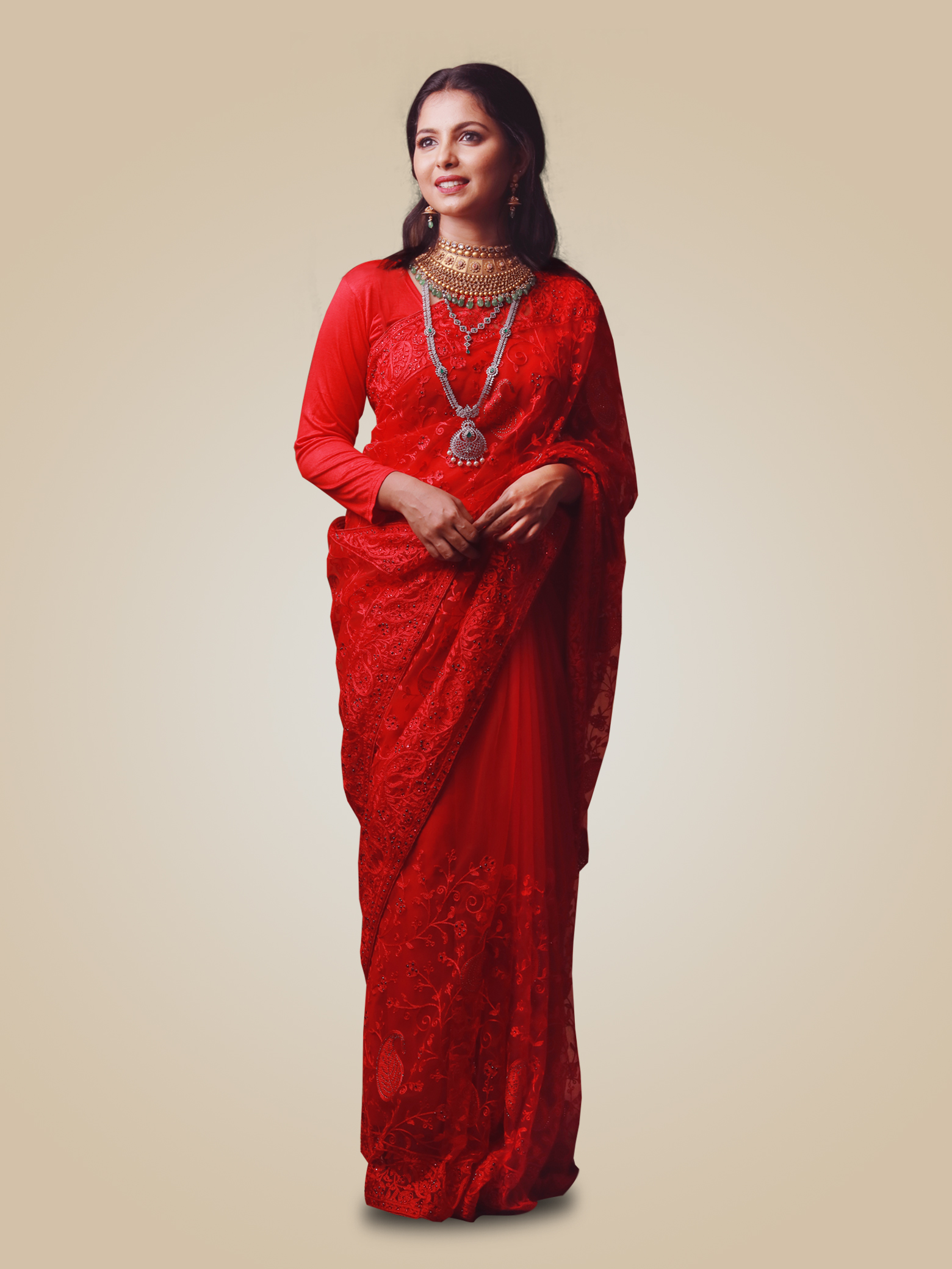 Trendy And Elegant Red Designer Net Saree. | Jolly Silks - The ...