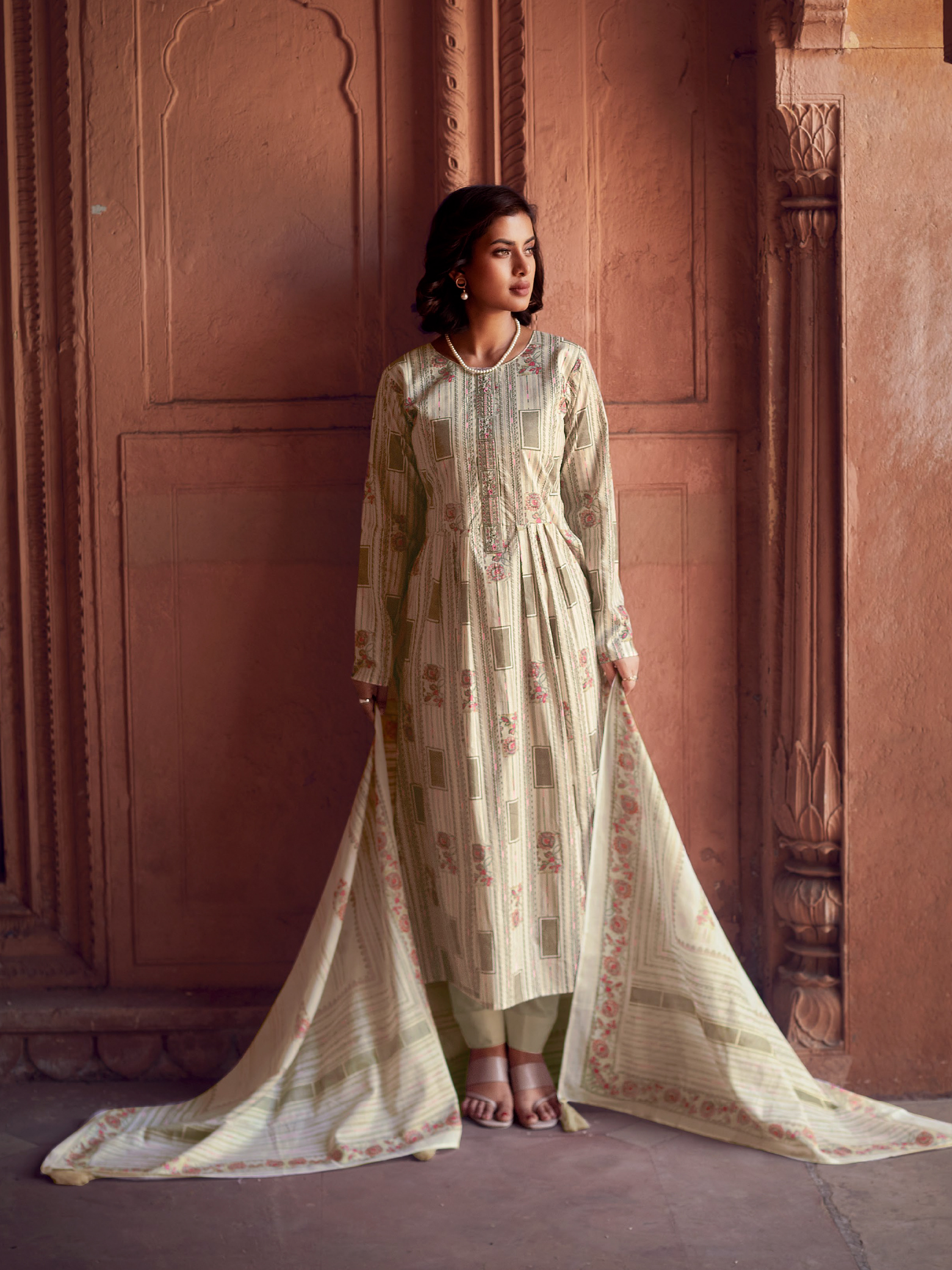 Pastel Off White Colour karachi Printed Churidhar Material. | Jolly ...