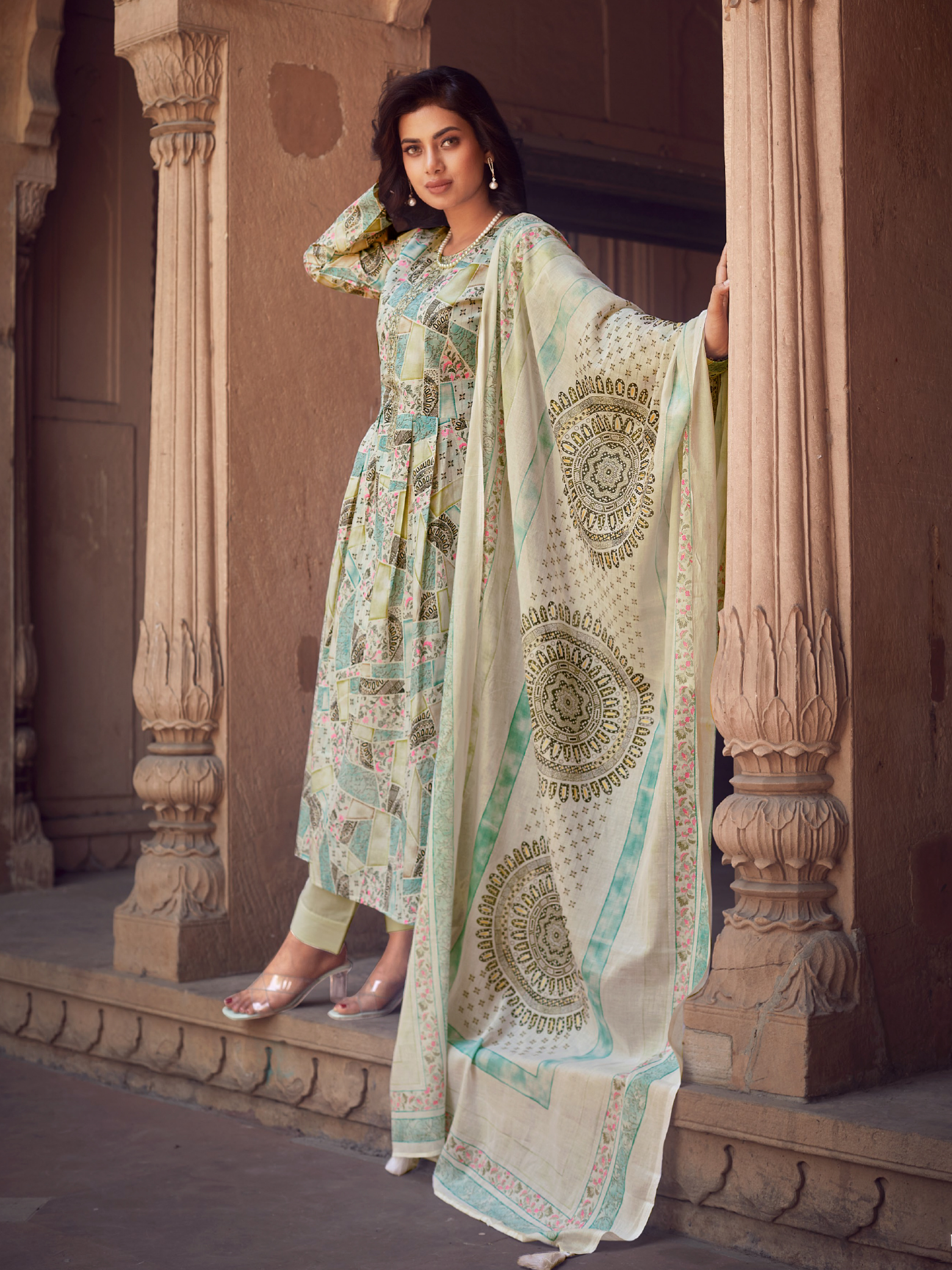 Pastel Ivory White Colour karachi Printed Churidhar Material. | Jolly ...