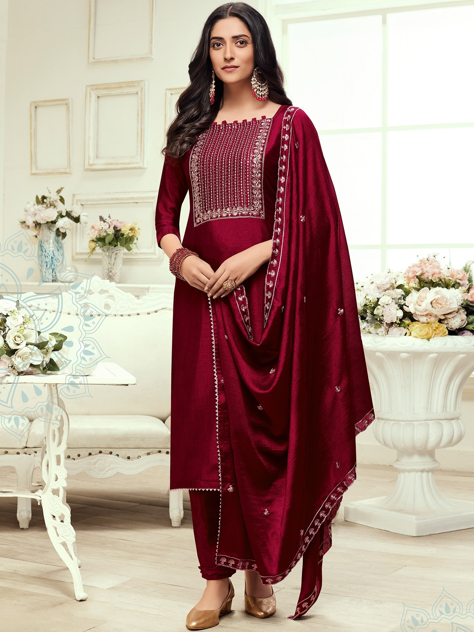 Dark Maroon Colour With Excellent Copper Embroidery And Sequence Work ...