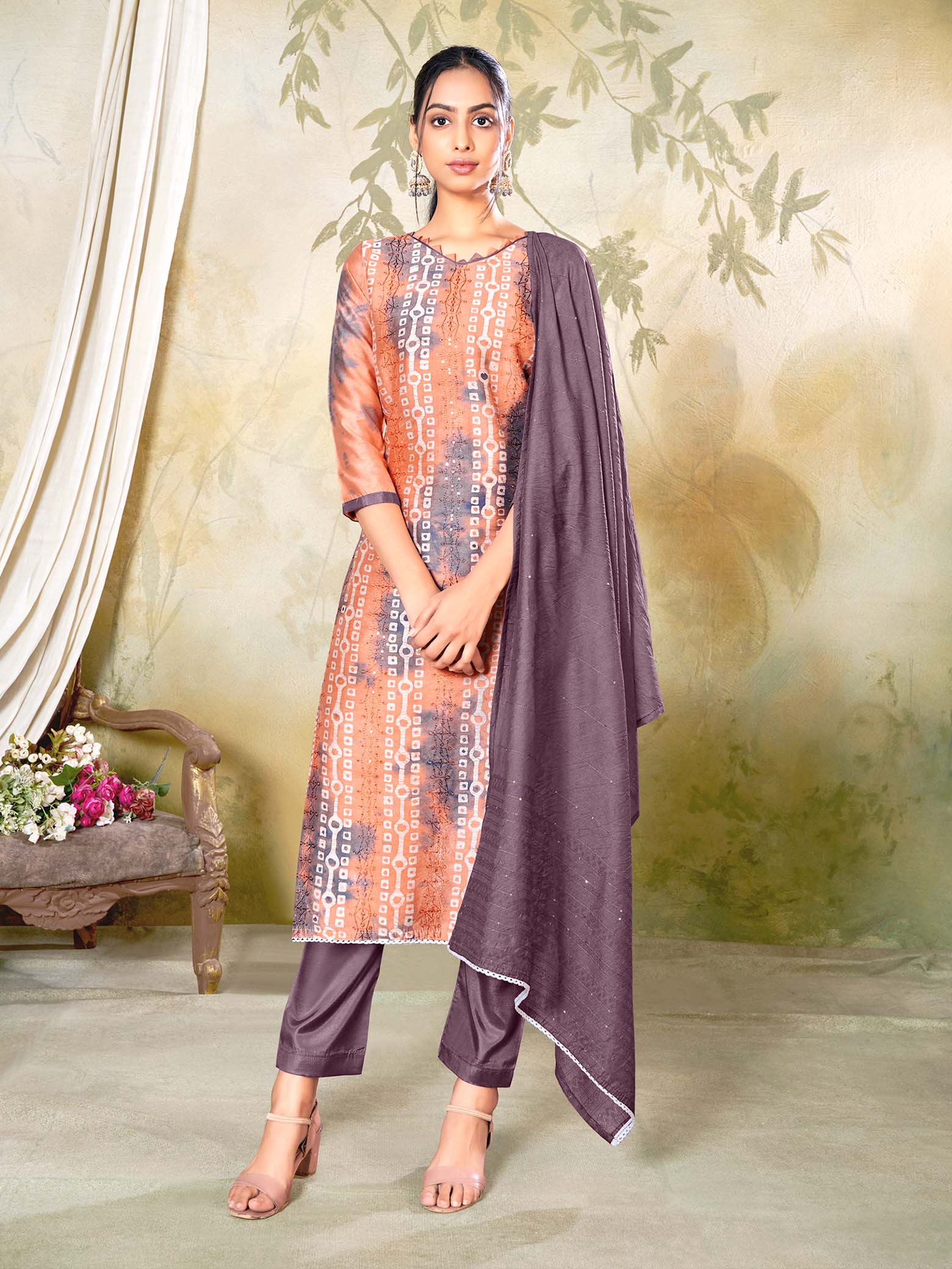 Light Peach And Multy Colour With Batik Printed Churidhar Material ...