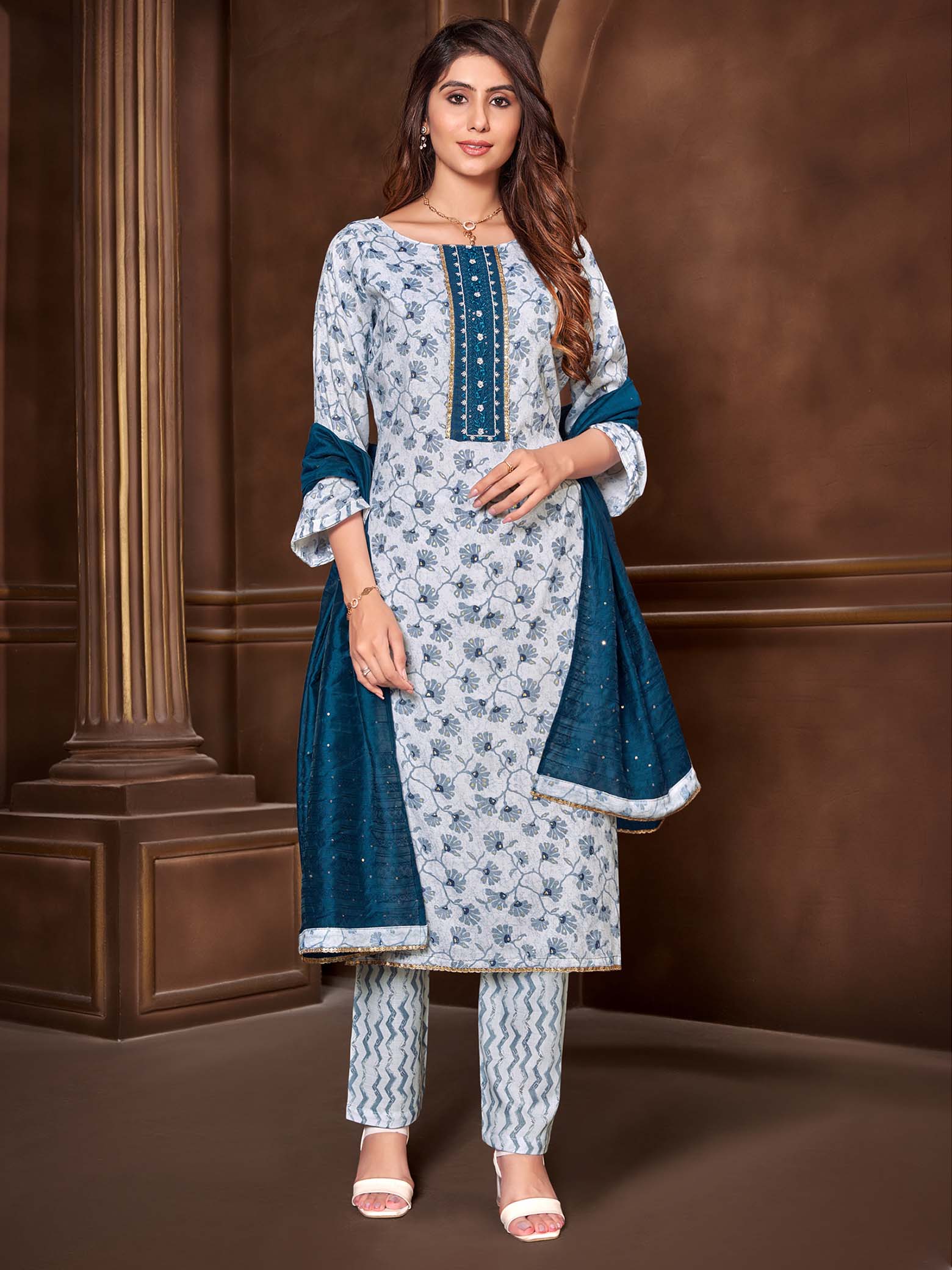 White With Blue Grey Colour Printed Churidhar Material. | Jolly Silks ...