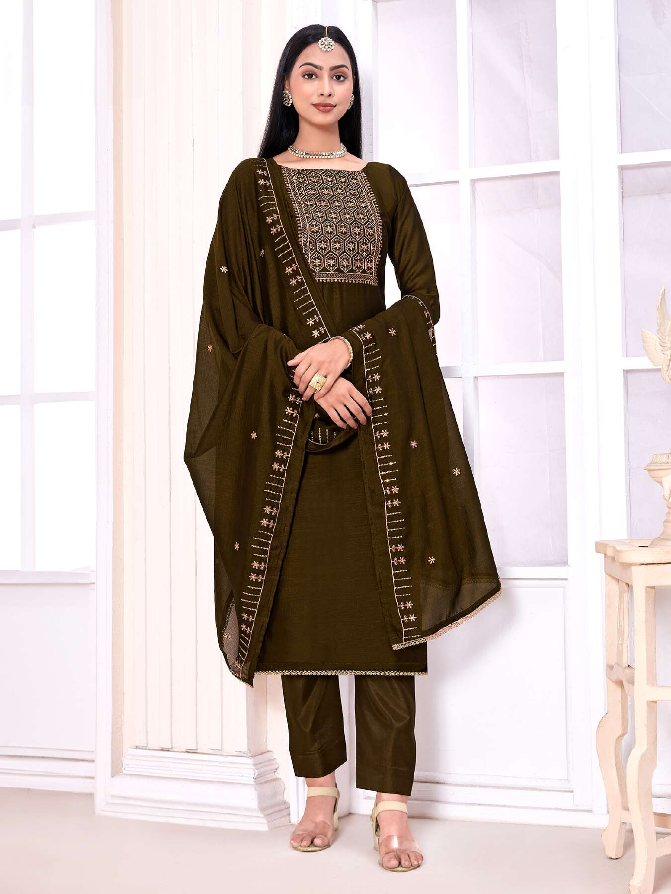 Mehndi Colour With Beautiful Copper Embroidery And Sequence Work ...