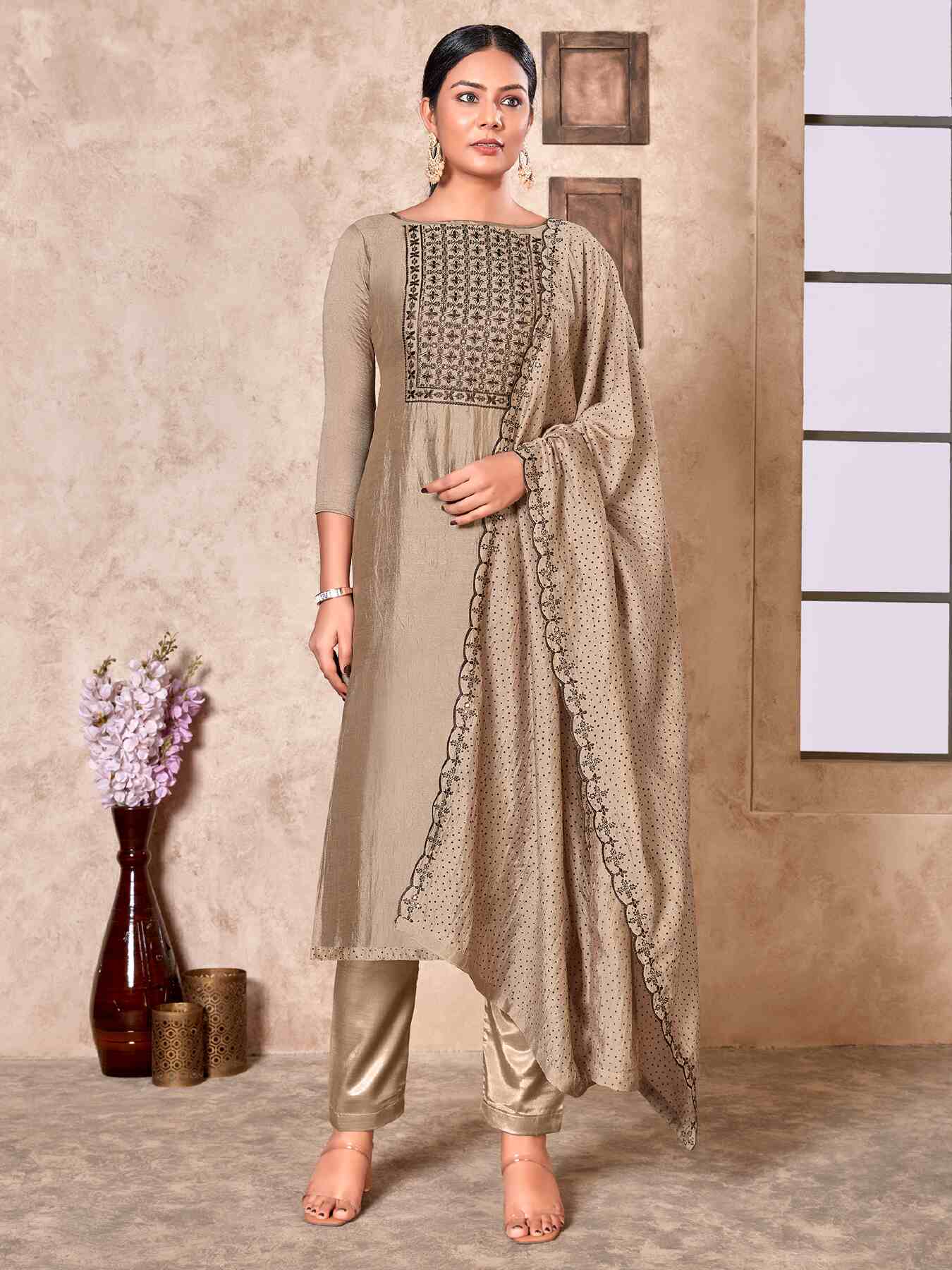 Pastel Brown Colour With Embroidery And Sequence Work Churidhar ...