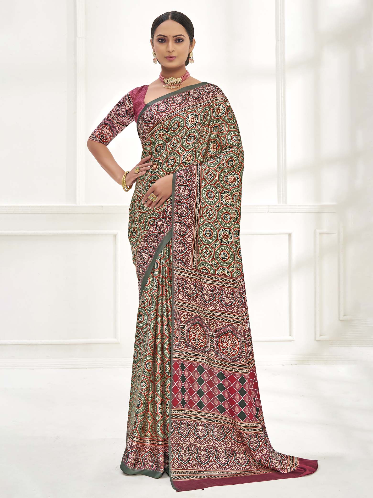 Mehandi Green Colour Ajrakh Printed Crape Saree. | Jolly Silks - The ...