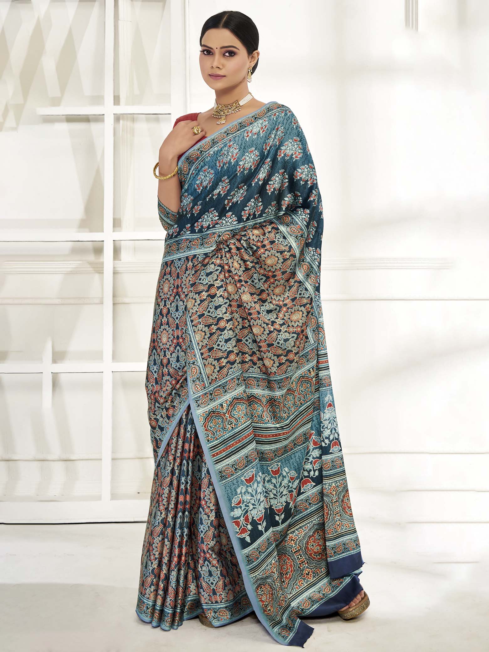Dark Grey Blue Colour Ajrakh Printed Crape Saree. | Jolly Silks - The ...