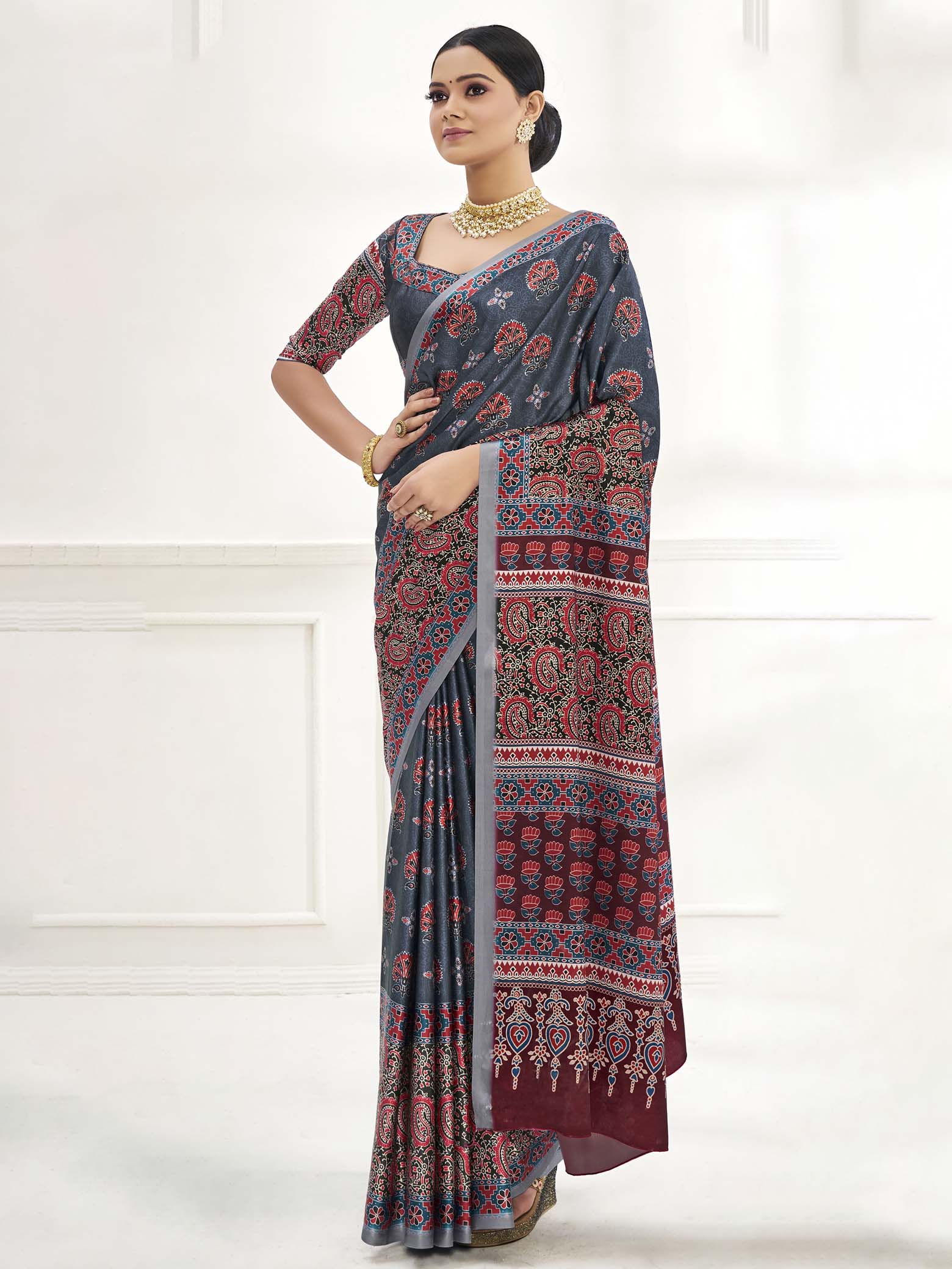Dark Grey Colour Ajrakh Printed Crape Saree. | Jolly Silks - The ...