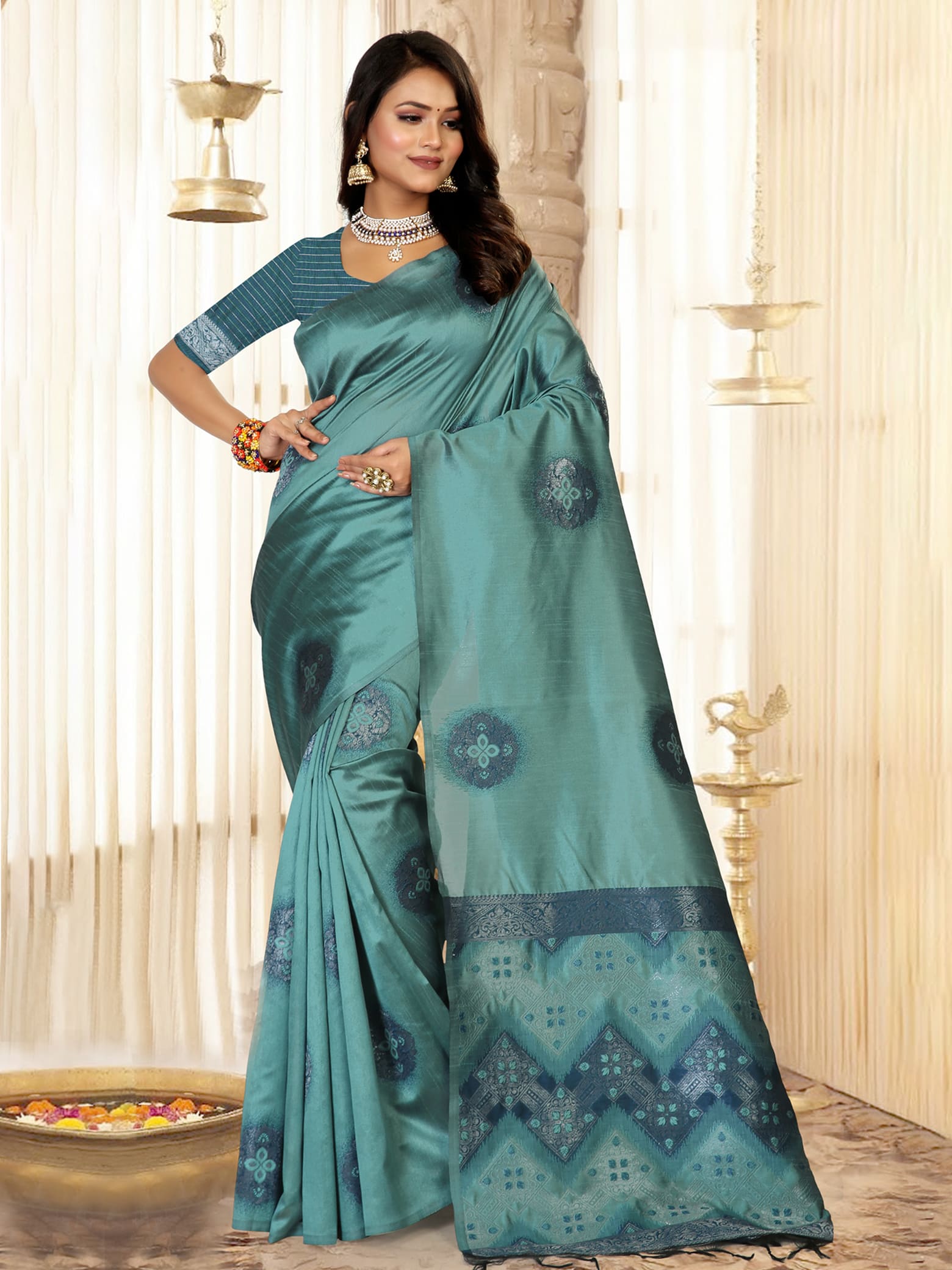Desaturated Cyan Colour With Digital Style Weaving Art Jute Saree ...