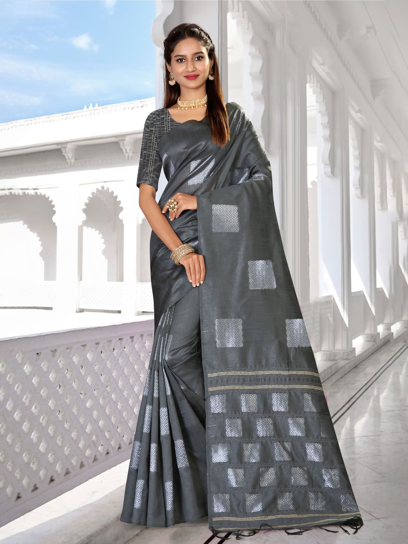 Dark Ash Grey Colour With Silver Squre Buttas Art Jute Saree | Jolly ...
