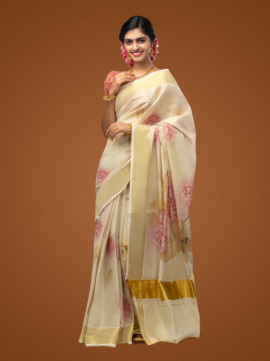 Golden Tissue With Digital Floral Printed Trendy Kerala Set Saree ...
