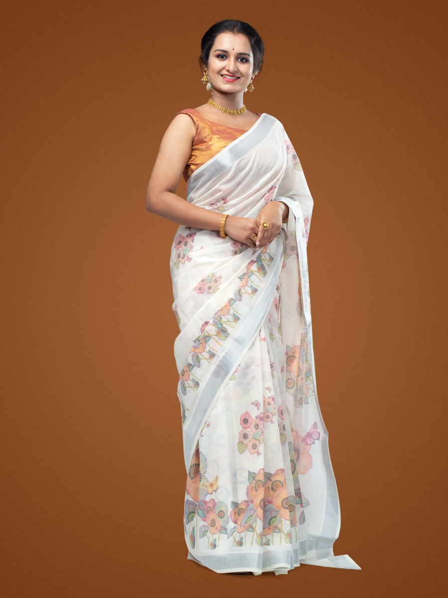 Cream With Floral Printed Design And Silver Zari Border Kerala Set ...