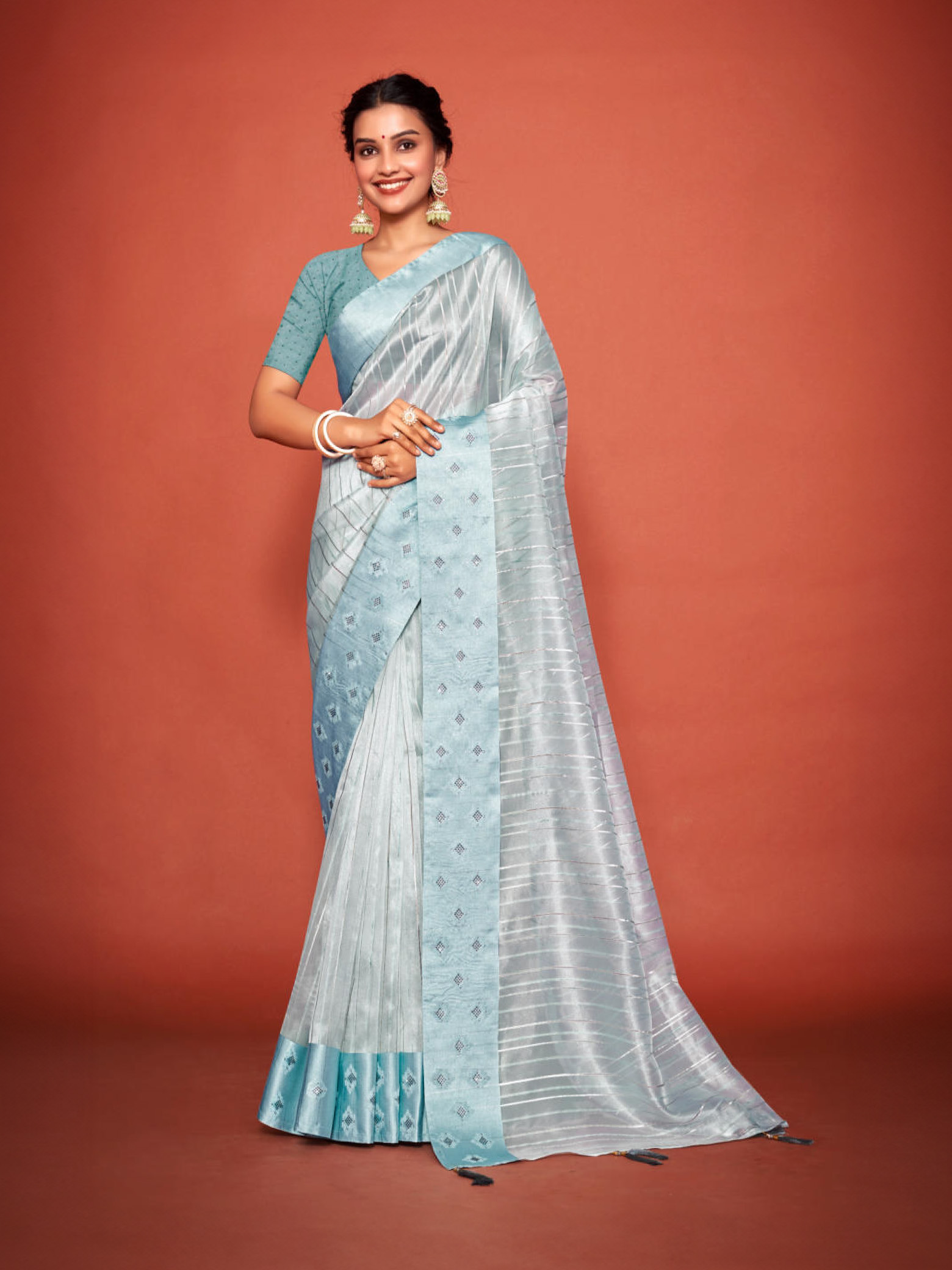 Pastel Ash Blue Organza Saree With Stripes | Jolly Silks - The ...