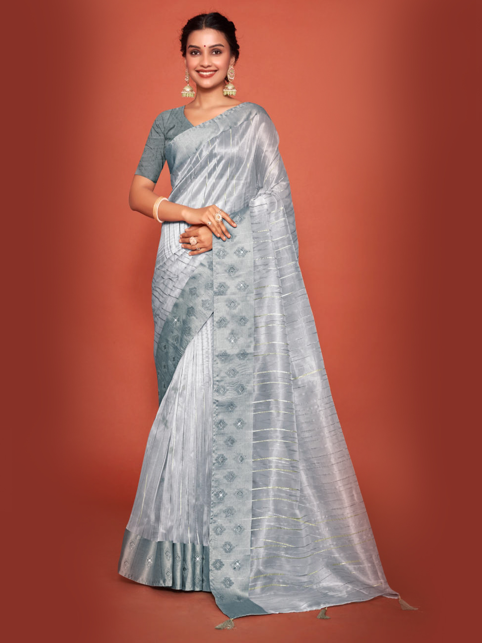 Stunning Pastel Ash Colour Embroidered Organza Saree | Jolly Silks ...