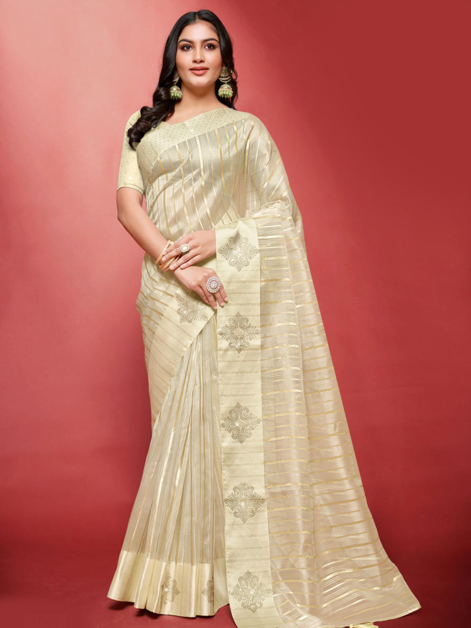 Light Yellow Organza Saree with Subtle Stripes All Over | Jolly Silks ...