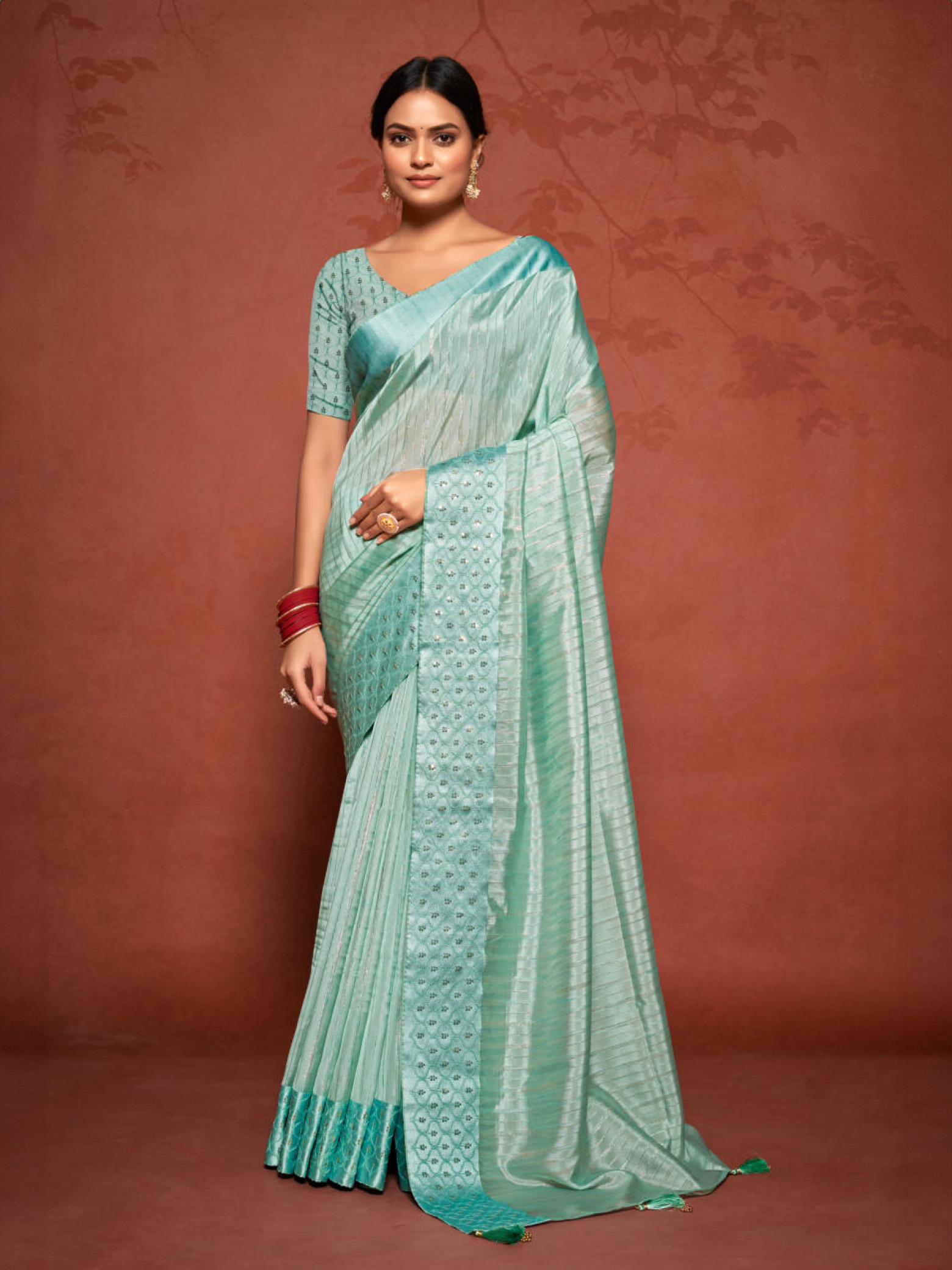 Pastel Light Turquoise Green Organza Saree with Thread and Sequin Work ...