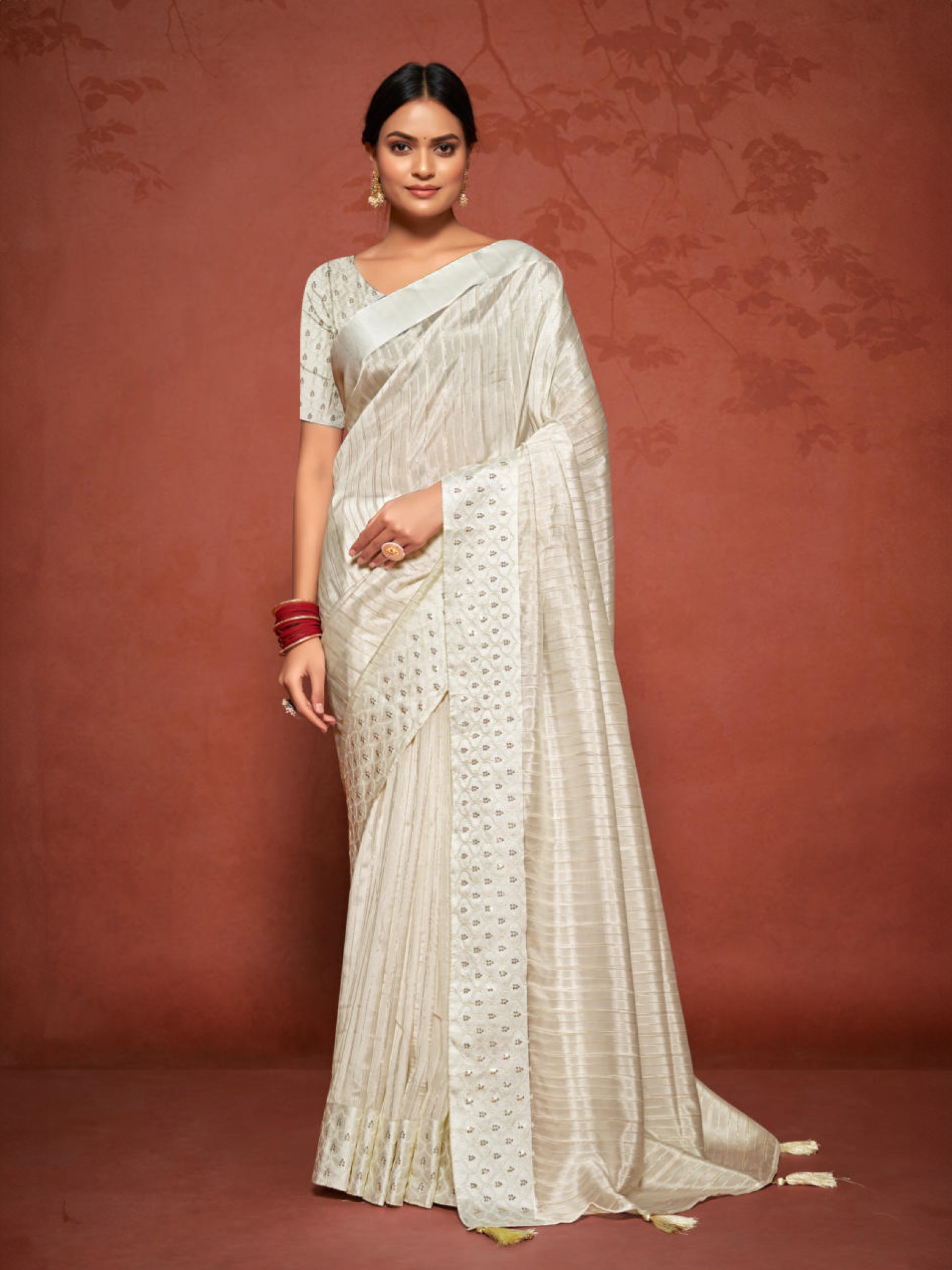 Offwhite Organza Saree with Thread and Sequence Border | Jolly Silks ...