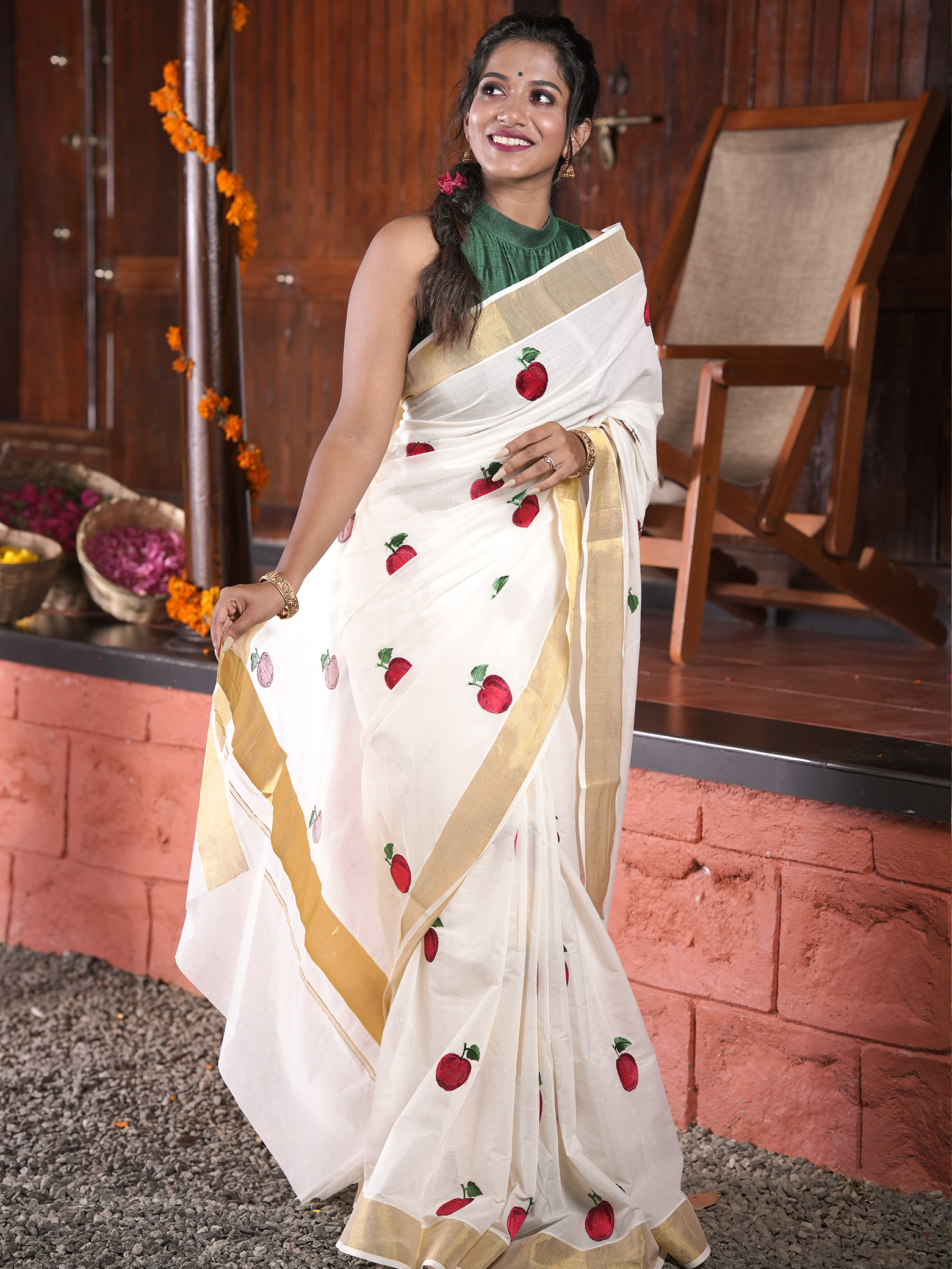 Cream Colour With Apples Embroidery Work Kerala Saree. | Jolly Silks ...