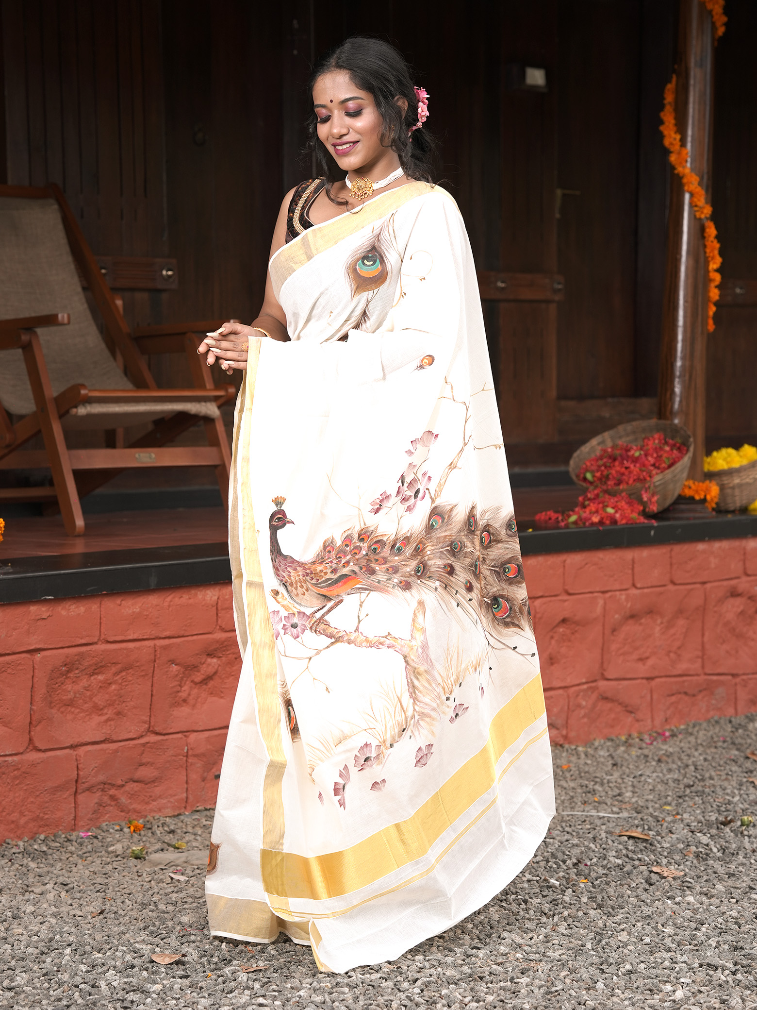 Cream Colour With Peacock Handprint Design Set Saree. | Jolly Silks ...